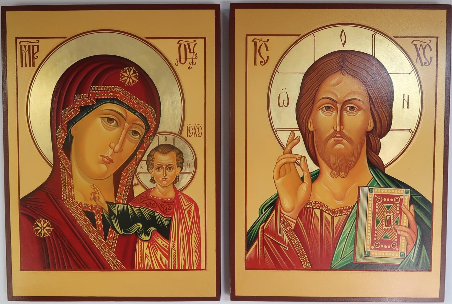 Christ Blessing and Theotokos of Kazan Matching Hand-Painted Icon Set ...