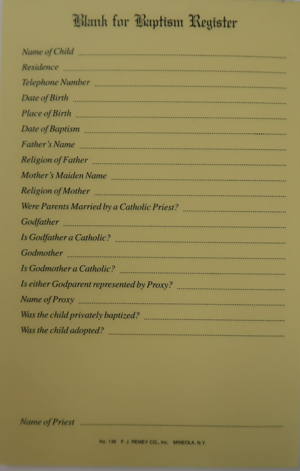 Blank for Baptism Register – Byzantine Church Supplies